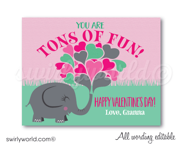 Cute Elephant Girls Classroom School "Tons of Fun" Valentine Cards for ...