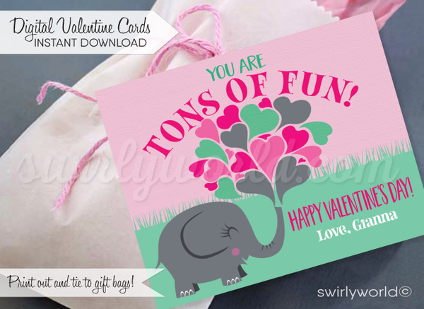 Cute Elephant Girls Classroom School "Tons of Fun" Valentine Cards for ...