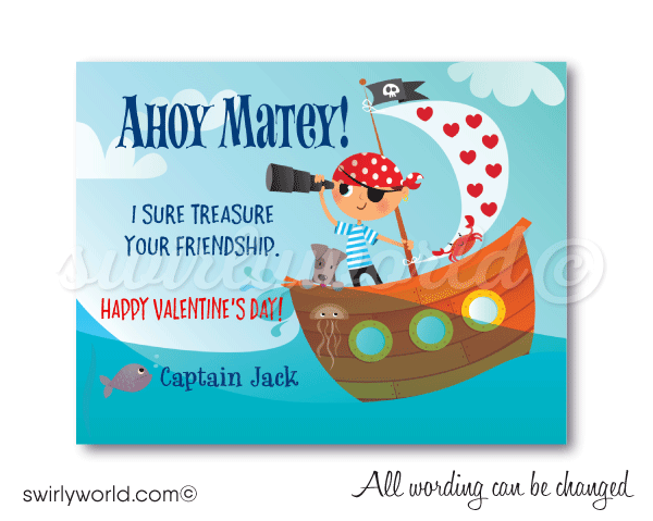 Cute Pirate Boy Boat Captain Classroom Valentine's Day Cards for Digit ...
