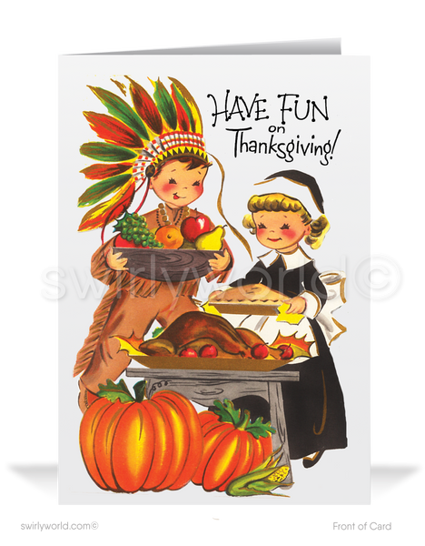 Vintage Thanksgiving Greeting Card – Retro Indian & Pilgrim Children ...