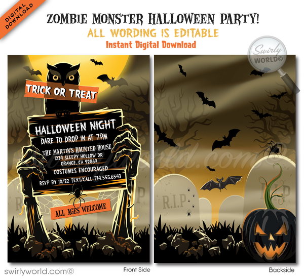Zombie Walking Dead Graveyard Halloween Party Invitation - Customizabl ...
