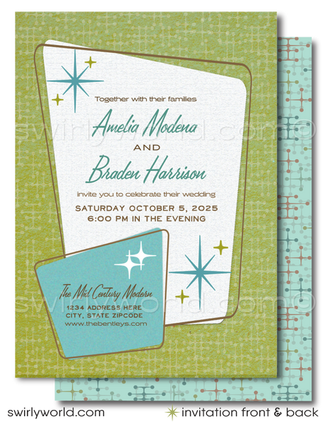 1960s Mid-Century Modern Wedding Invitation Set - Retro Green and Blue ...