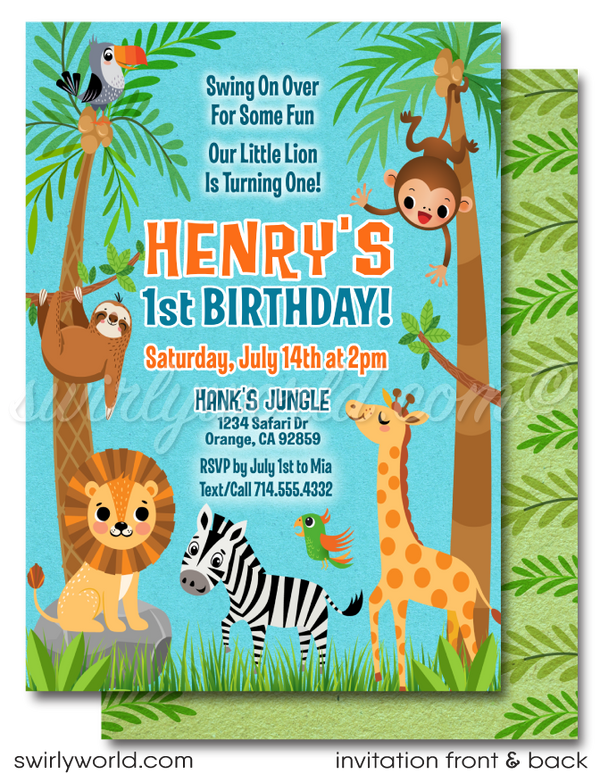 "Welcome to the Jungle" Safari Animals 1st Birthday Invitation and Tha ...