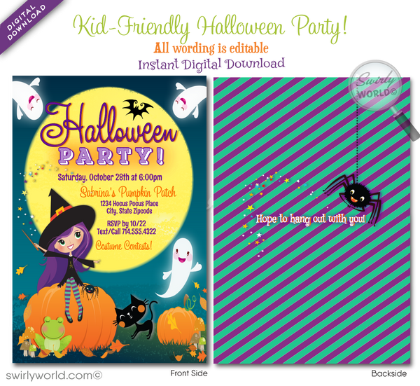 Child-Friendly Non-Scary Girl Witch Halloween Birthday Party Invitatio ...