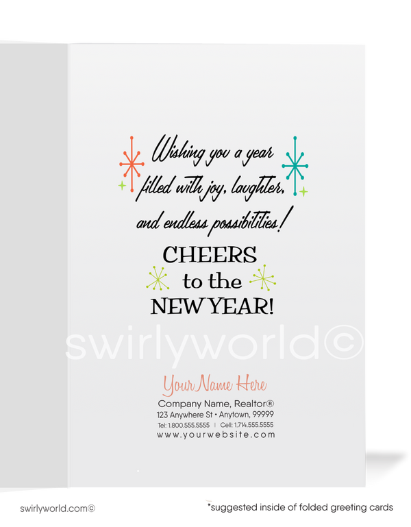 Retro Mid-Century Modern Happy New Year Card with Martini Glasses, Mod ...