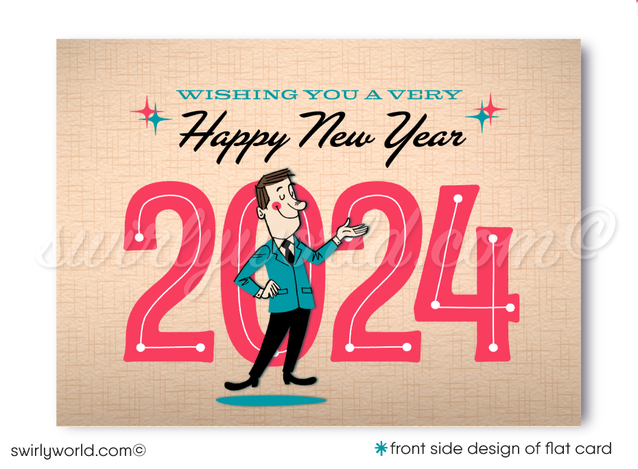 2024 Mid-Century Retro Modern Happy New Year Cards Card Digital File D ...