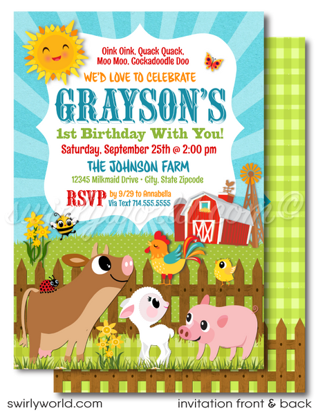 Rancher Barnyard Country Farmer Theme Baby Animals First Birthday Invi ...