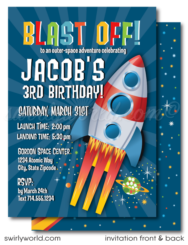 Outer-Space Boy Astronaut Nasa Rocket Ship Printed Birthday Party Invi ...
