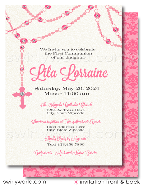 Vintage Style Pink Rosary Cross First Holy Communion Invitation Set ...