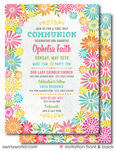 Beautiful Spring Floral Watercolor First 1st Holy Communion Invitation ...