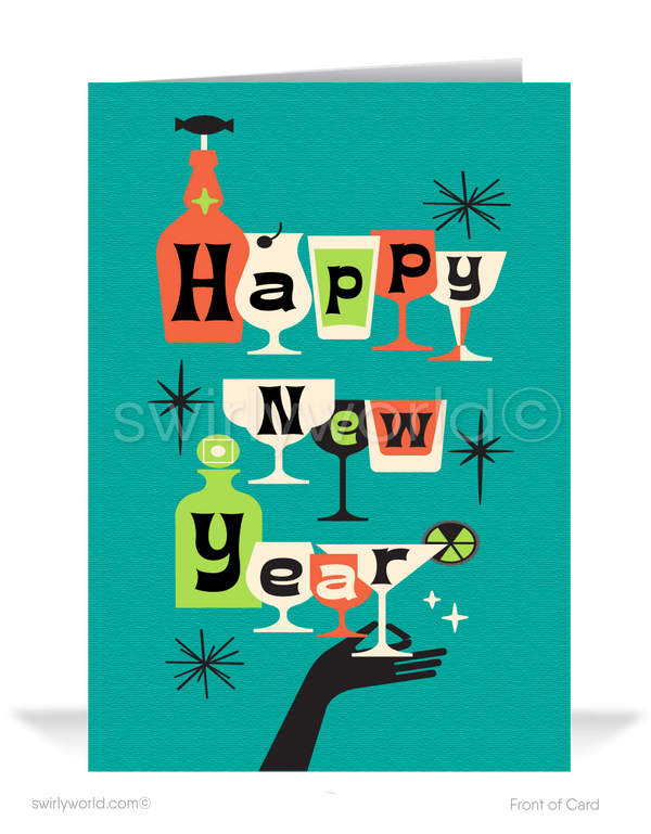 Retro Mid-Century Modern Happy New Year Card with Martini Glasses, Mod ...