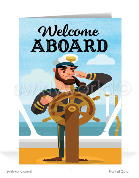 Welcome Aboard Cartoon Cards for Customers - swirly-world-design