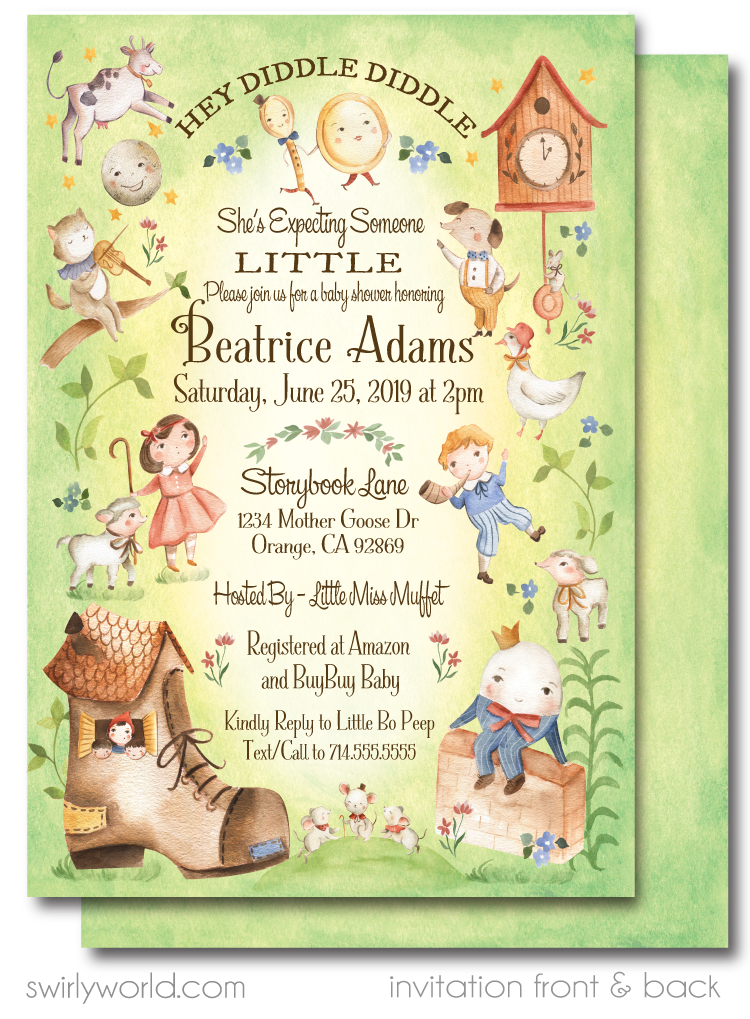 Vintage Nursery Rhymes Mother Goose Cat and the Fiddle Baby Shower Inv ...