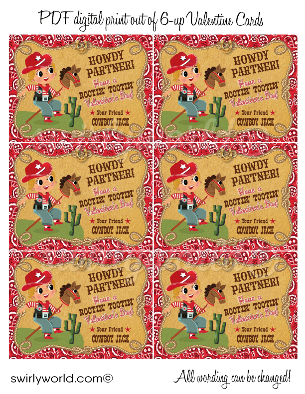 Retro Vintage Western Retro Cowboy Valentine's Day Cards for Boys Digi ...