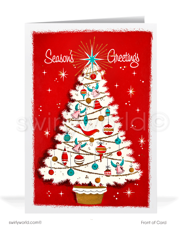 Vintage Atomic-Era Christmas Card – White Tree with Retro Ornaments ...