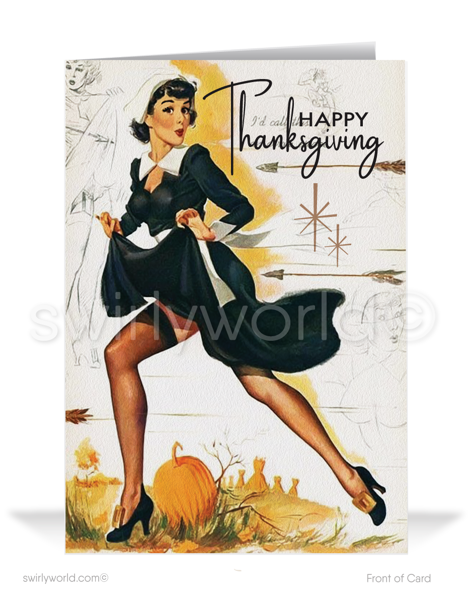 Vintage Mid-Century Modern Pinup Thanksgiving Card with Retro Pilgrim ...
