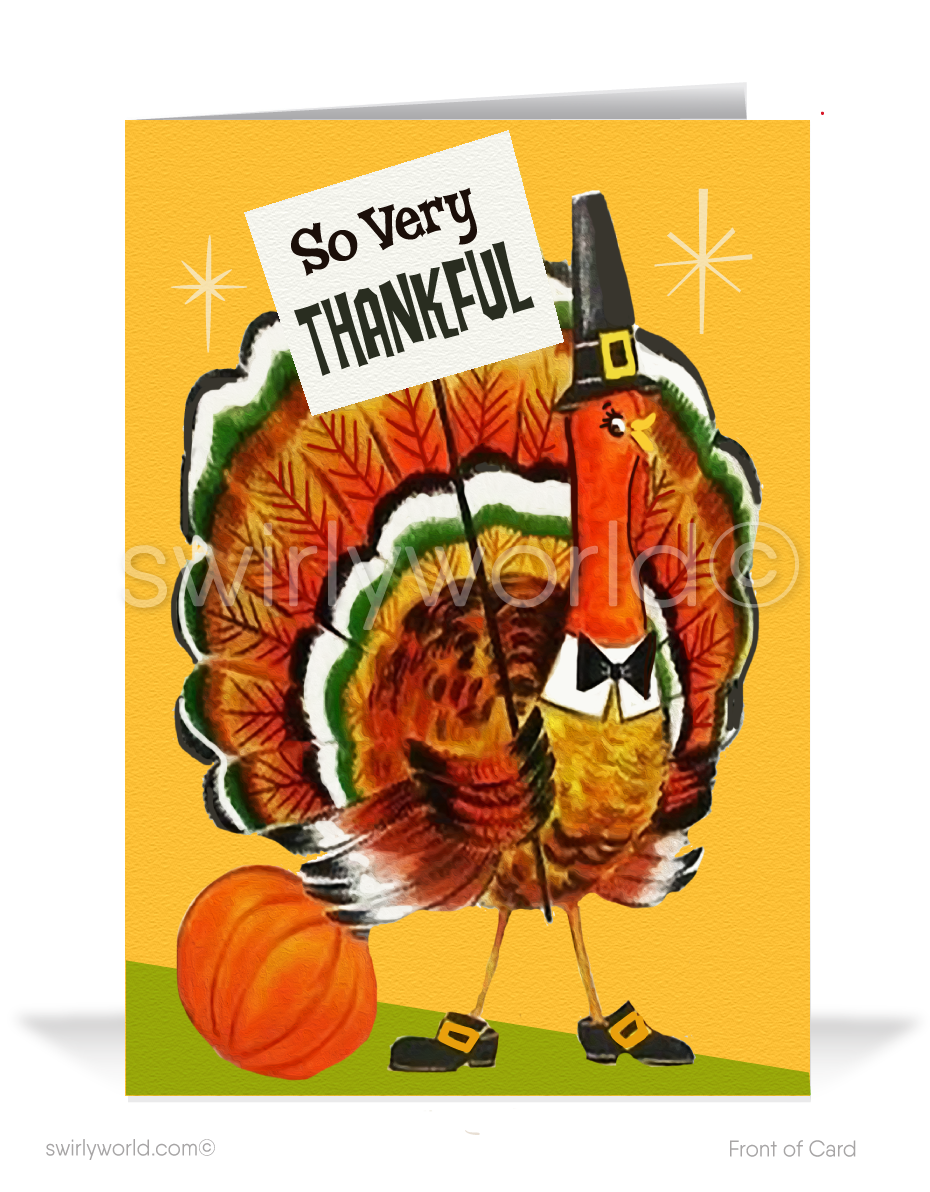 1950s-1960s Vintage Mid-Century Thanksgiving Card with Pilgrim Turkey ...