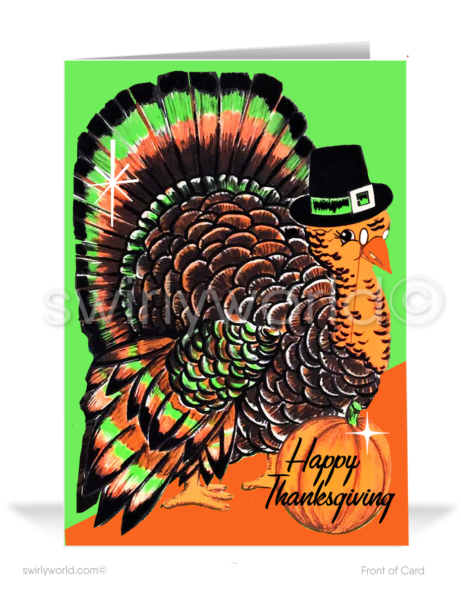 1950s-1960s Vintage Mid-Century Thanksgiving Card with Pilgrim Turkey ...