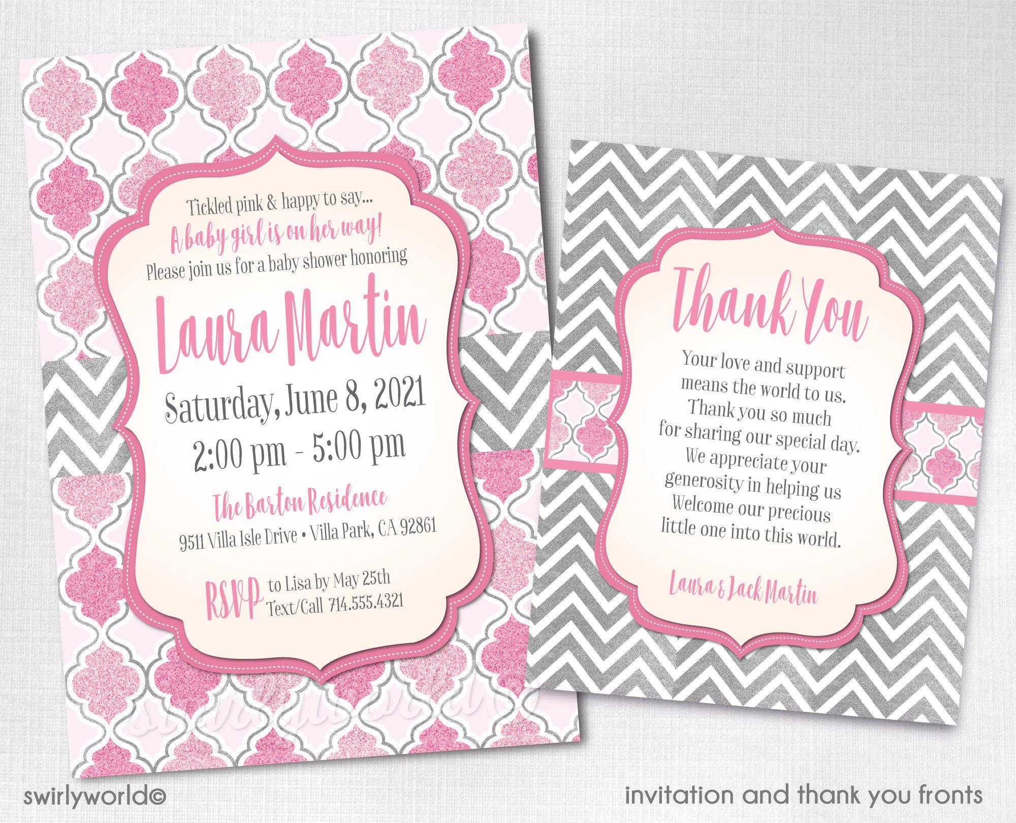 Pink And Grey Chevron Baby Shower Invitations