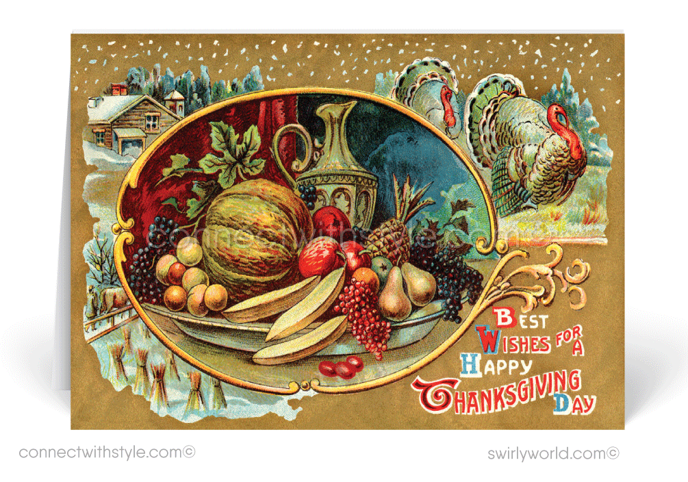1920's Vintage Watercolor Thanksgiving Greeting Cards - swirly-world-design